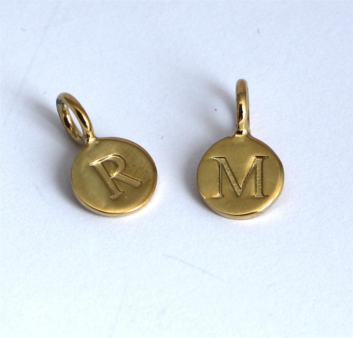 Gold on sterling silver round letter charms , gold initial charm ...